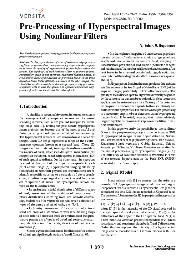 (PDF) Pre-Processing of Hyperspectral Images Using Nonlinear Filters