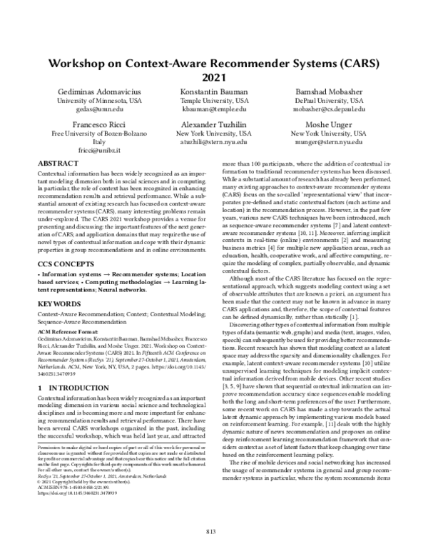(PDF) Workshop on Context-Aware Recommender Systems
