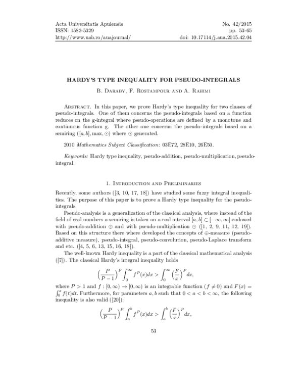 Pdf Hardy S Type Inequality For Pseudo Integrals Asghar Rahimi 0792