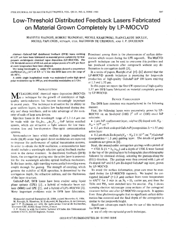 (PDF) Low-threshold distributed feedback lasers fabricated on material grown completely by LP-MOCVD