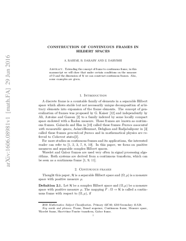 (PDF) Construction of Continuous Frames in Hilbert spaces