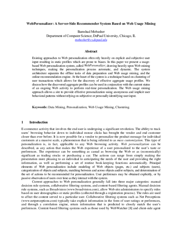 Pdf Webpersonalizer A Server Side Recommender System Based On Web Usage Mining