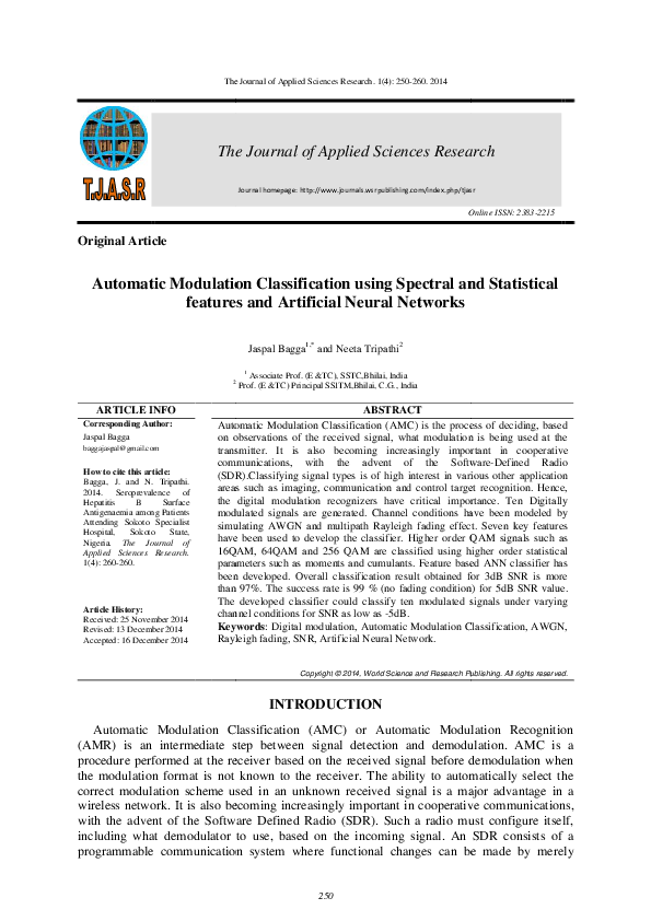 (PDF) Automatic Modulation Classification using Spectral and Statistical features and Artificial ...