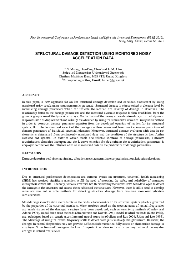 (PDF) Structural damage detection using monitored noisy acceleration data (PDF) Structural damage detection using monitored noisy acceleration data