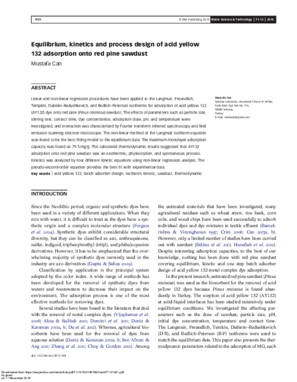 (PDF) Equilibrium, kinetics and process design of acid yellow 132 ...