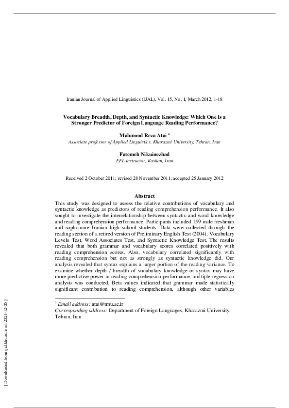 (PDF) Vocabulary Breadth, Depth, and Syntactic Knowledge: Which One Is a Stronger Predictor of ...
