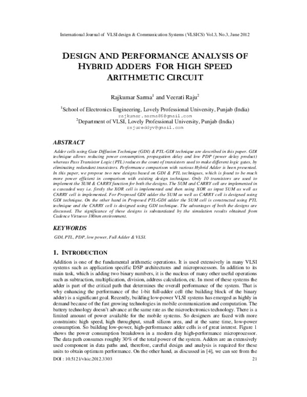 (PDF) Design and Performance Analysis of Hybrid Adders for High Speed Arithmetic Circuit