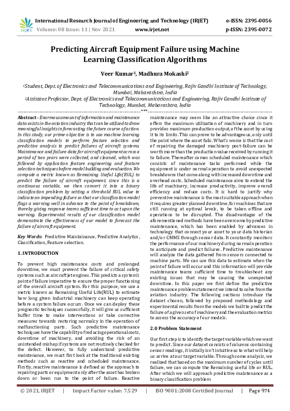 (PDF) IRJET- Predicting Aircraft Equipment Failure using Machine Learning Classification Algorithms