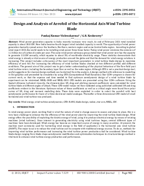 Pdf Irjet Design And Analysis Of Aerofoil Of The Horizontal Axis Wind Turbine Blade Irjet