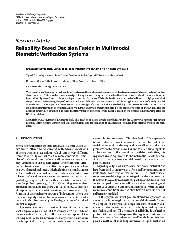 (PDF) Reliability-based decision fusion in multimodal biometric verification systems