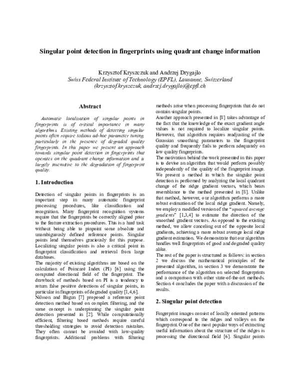 (PDF) Singular point detection in fingerprints using quadrant change information