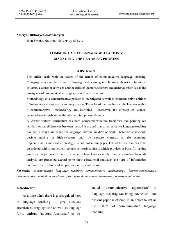 (PDF) COMMUNICATIVE LANGUAGE TEACHING: MANAGING THE LEARNING PROCESS