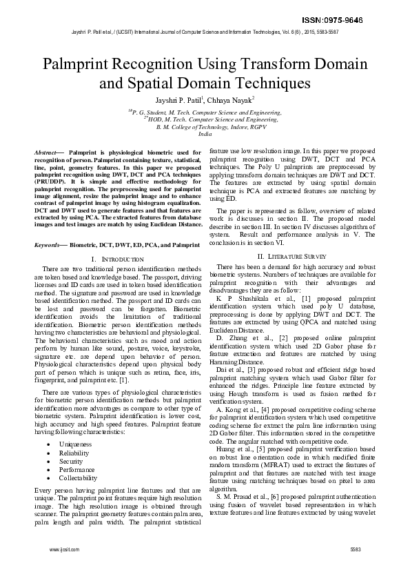 Pdf Palmprint Recognition Using Transform Domain And Spatial Domain Techniques
