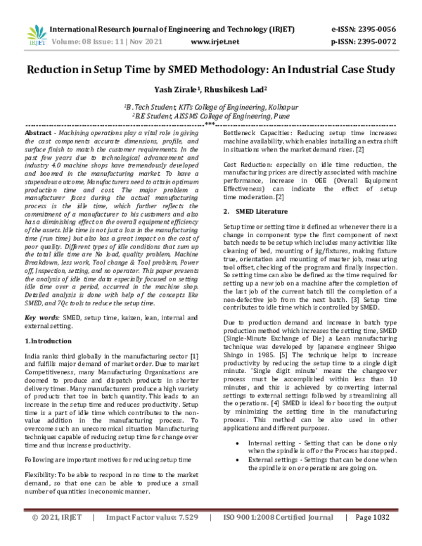 (PDF) IRJET- Reduction in Setup Time by SMED Methodology: An Industrial ...