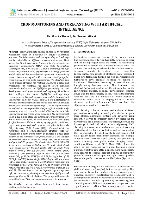Pdf Irjet Crop Monitoring And Forecasting With Artificial Intelligence
