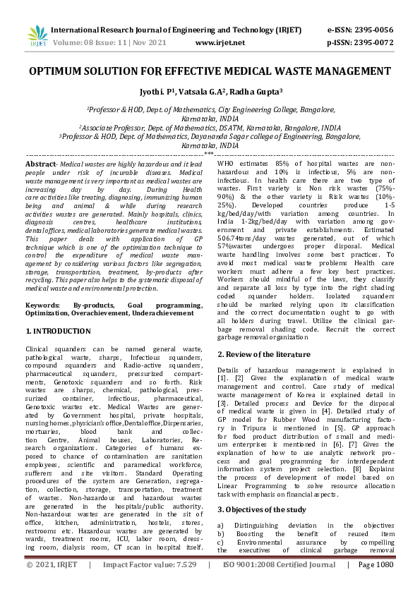 (PDF) IRJET- OPTIMUM SOLUTION FOR EFFECTIVE MEDICAL WASTE MANAGEMENT ...