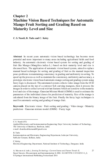 Pdf Machine Vision Based Techniques For Automatic Mango Fruit Sorting And Grading Based On