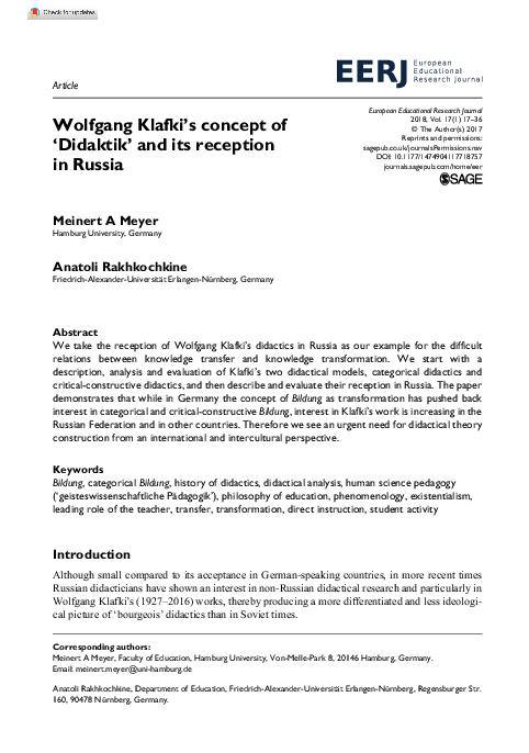 (PDF) Wolfgang Klafki’s concept of ‘Didaktik’ and its reception in Russia
