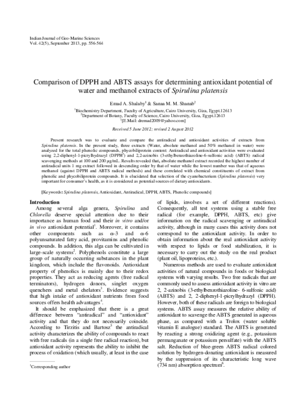 (PDF) Comparison of DPPH and ABTS assays for determining antioxidant ...
