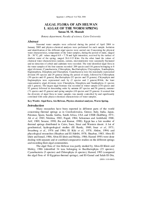 (PDF) Algal Flora of Ain Helwan I. Algae of the Worm Spring