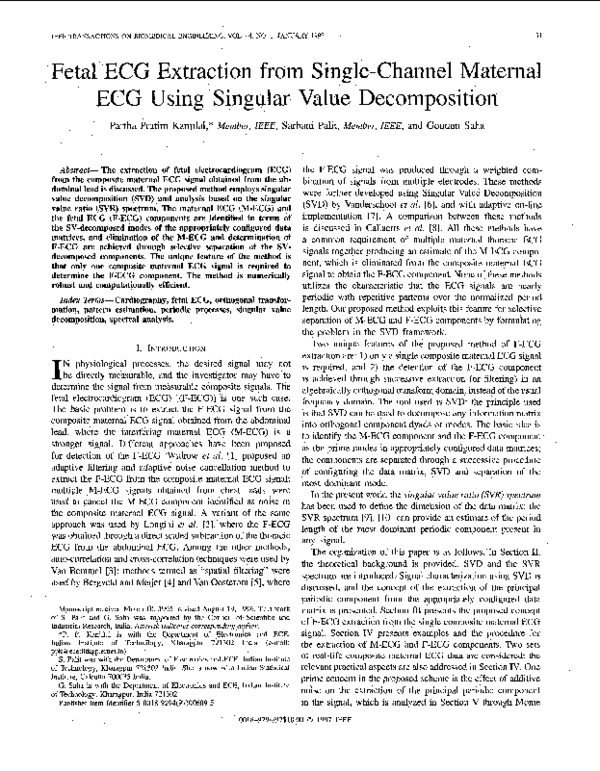 (PDF) Fetal ECG Extraction From Single-Channel Maternal ECG Using Singular Value Decomposition