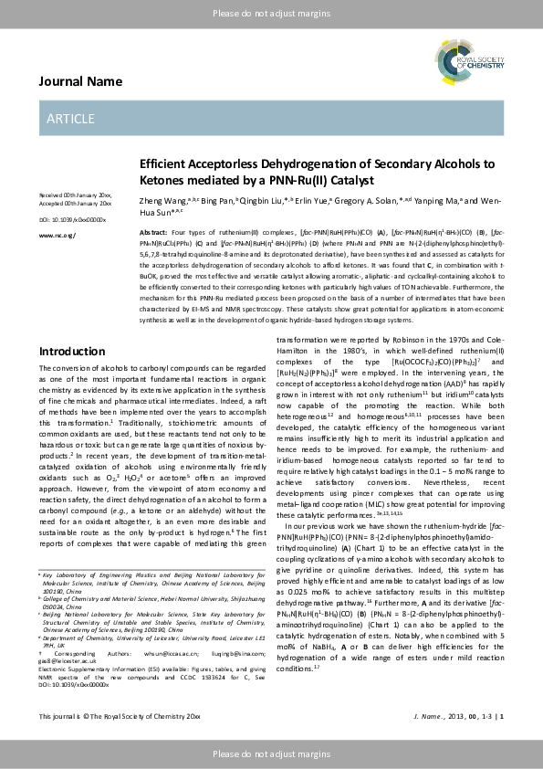 (PDF) Efficient acceptorless dehydrogenation of secondary alcohols to ...
