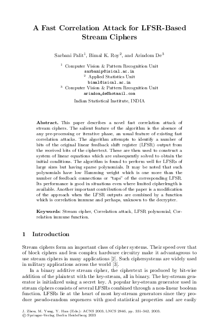 Pdf A Fast Correlation Attack For Lfsr Based Stream Ciphers