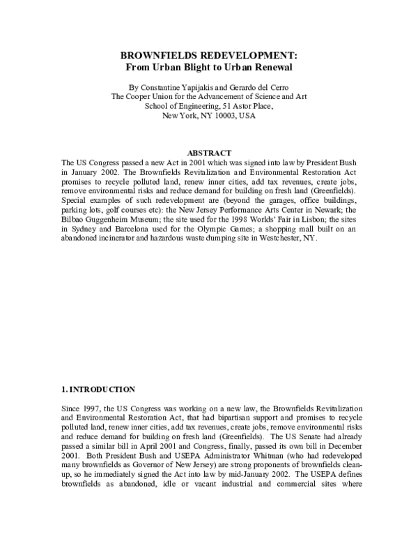 (DOC) BROWNFIELDS REDEVELOPMENT: From Urban Blight to Urban Renewal