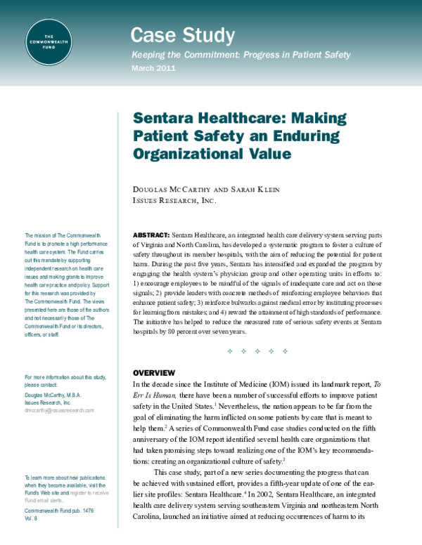 (PDF) Sentara Healthcare: Making Patient Safety an Enduring ...