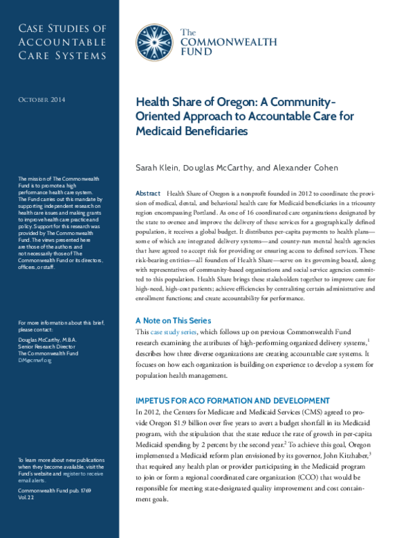 (PDF) Health Share of Oregon: A Community-Oriented Approach to ...
