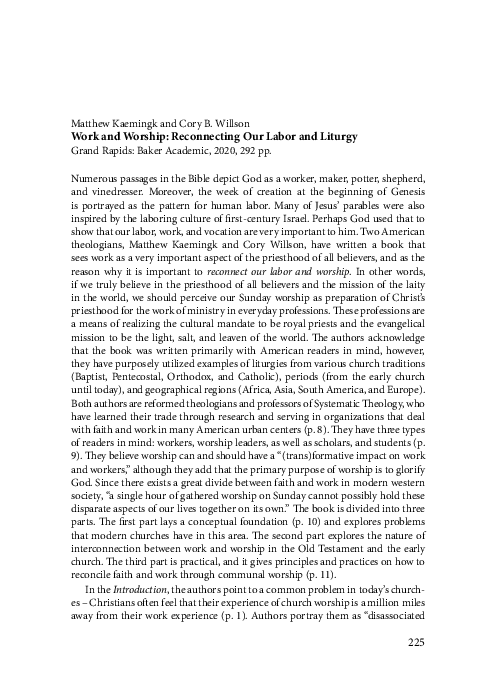 (PDF) Review of Matthew Kaemingk, Cory B. Willson: Work and Worship ...