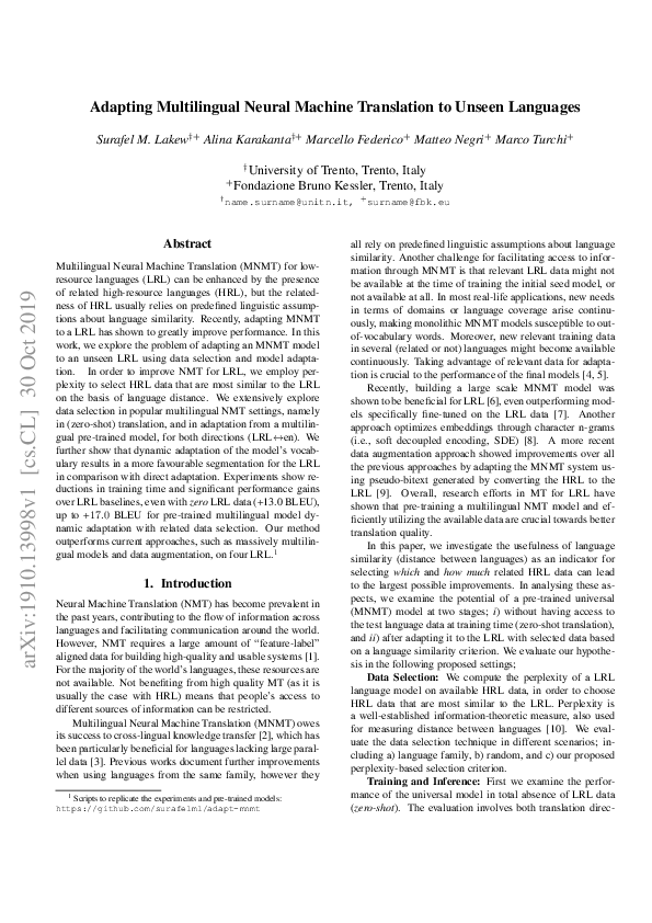 (PDF) Adapting Multilingual Neural Machine Translation to Unseen Languages
