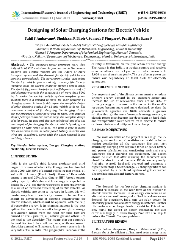 (PDF) Designing of Solar Charging Stations for Electric Vehicle