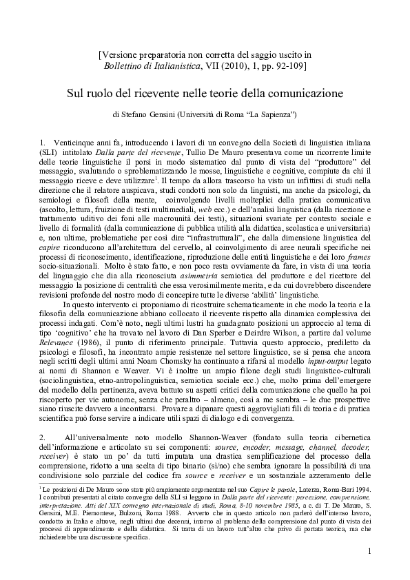 (DOC) Sul ruolo del ricevente nelle teorie della comunicazione
