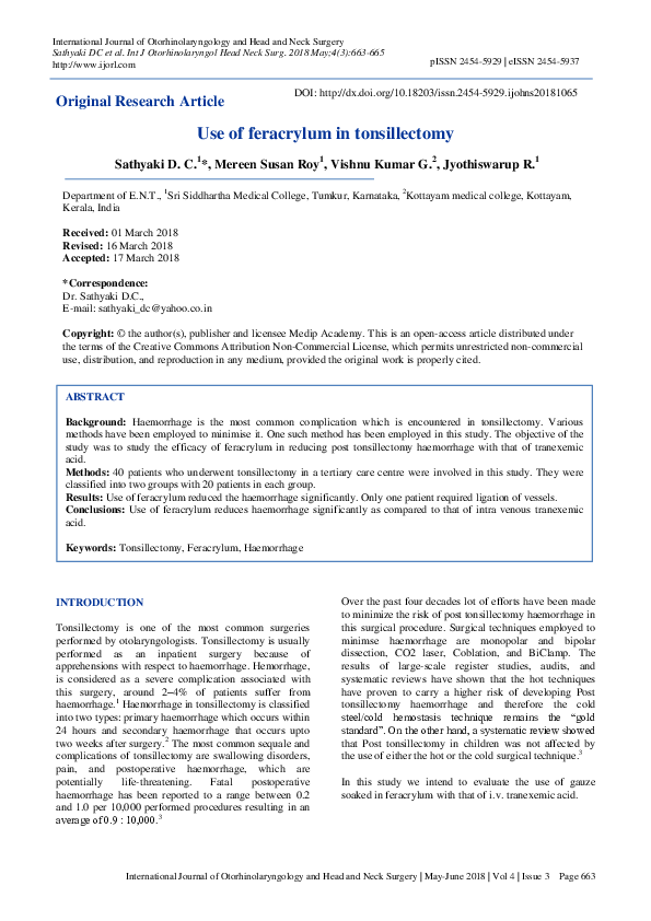 (PDF) Use of feracrylum in tonsillectomy