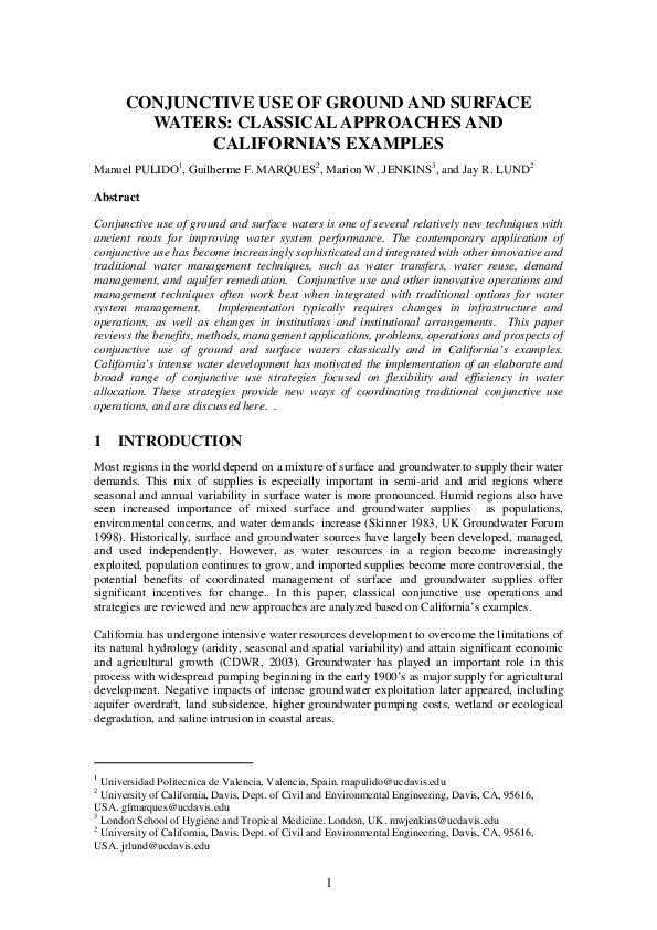 (PDF) Conjunctive Water Use: Methods and California