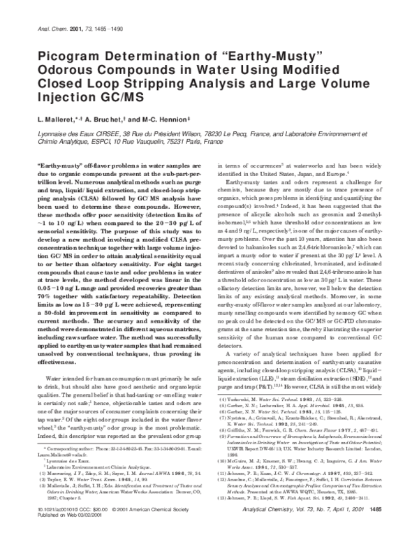 (PDF) Picogram Determination of “Earthy-Musty” Odorous Compounds in Water Using Modified Closed ...