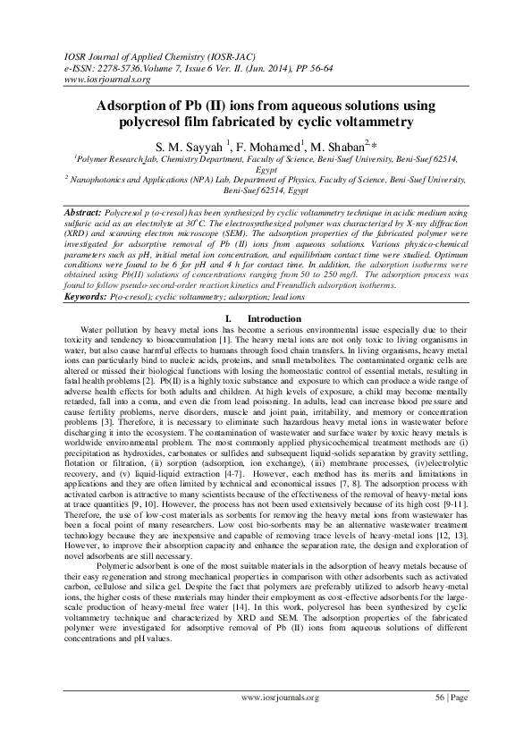 (PDF) Adsorption of Pb (II) Ions from Aqueous Solutions by Date Bead Carbon Activated with ZnCl2