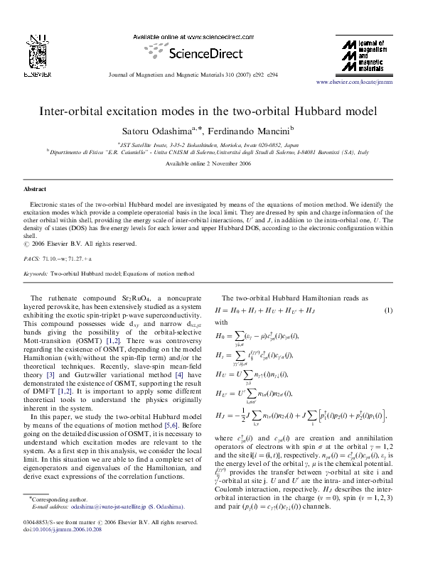 (PDF) Inter-orbital excitation modes in the two-orbital Hubbard model