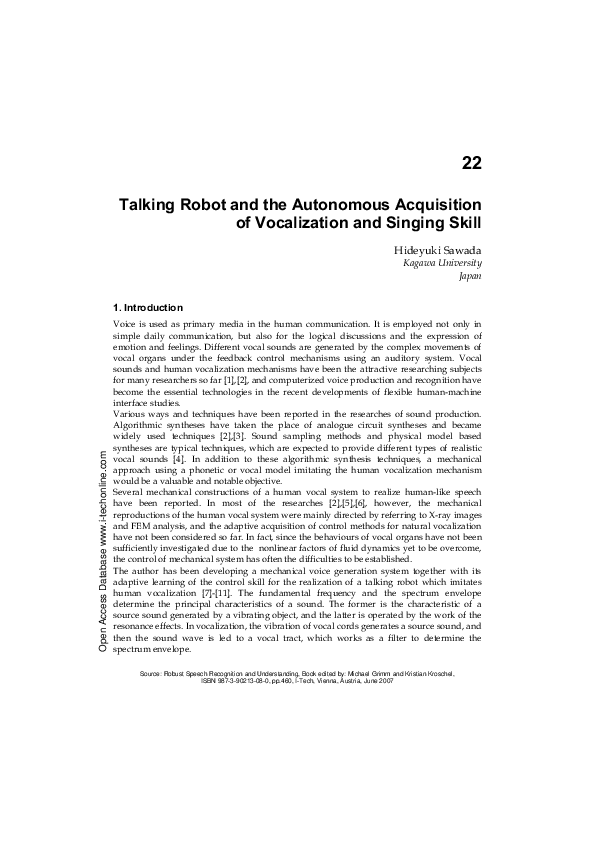 (PDF) Talking Robot and the Autonomous Acquisition of Vocalization and Singing Skill