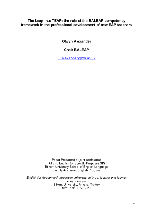 (PDF) The Leap into TEAP: the role of the BALEAP competency framework ...