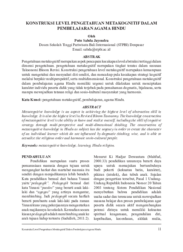 (PDF) Konstruksi Level Pengetahuan Metakognitif Dalam Pembelajaran Agama Hindu