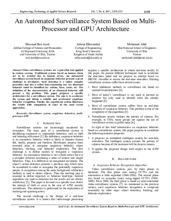 (PDF) An Automated Surveillance System Based on Multi-Processor and GPU Architecture