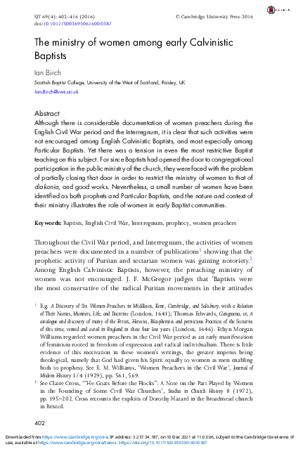 (PDF) The ministry of women among early Calvinistic Baptists