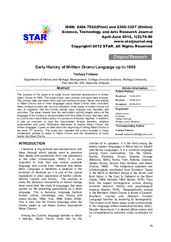(PDF) Early History of Written Oromo Language up to 1900