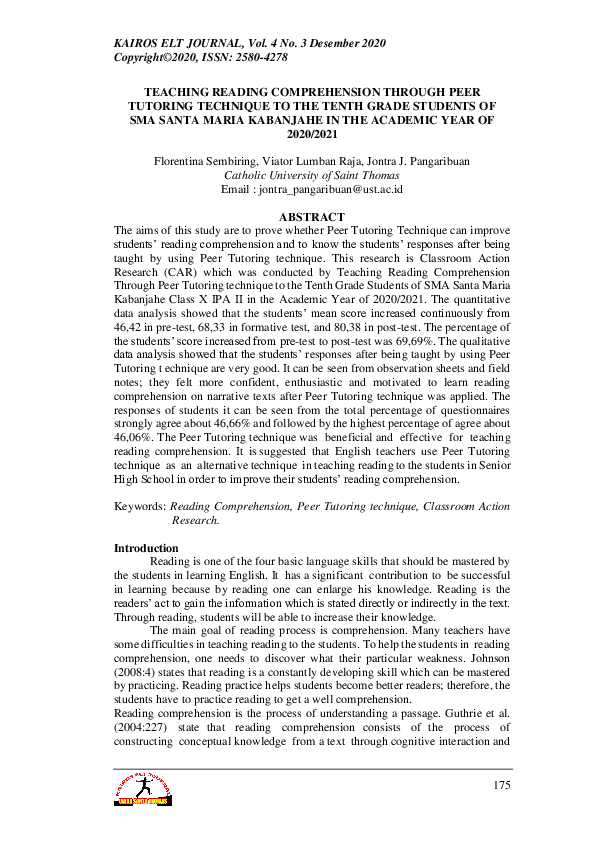 (PDF) Teaching Reading Comprehension Through Peer Tutoring Technique to ...