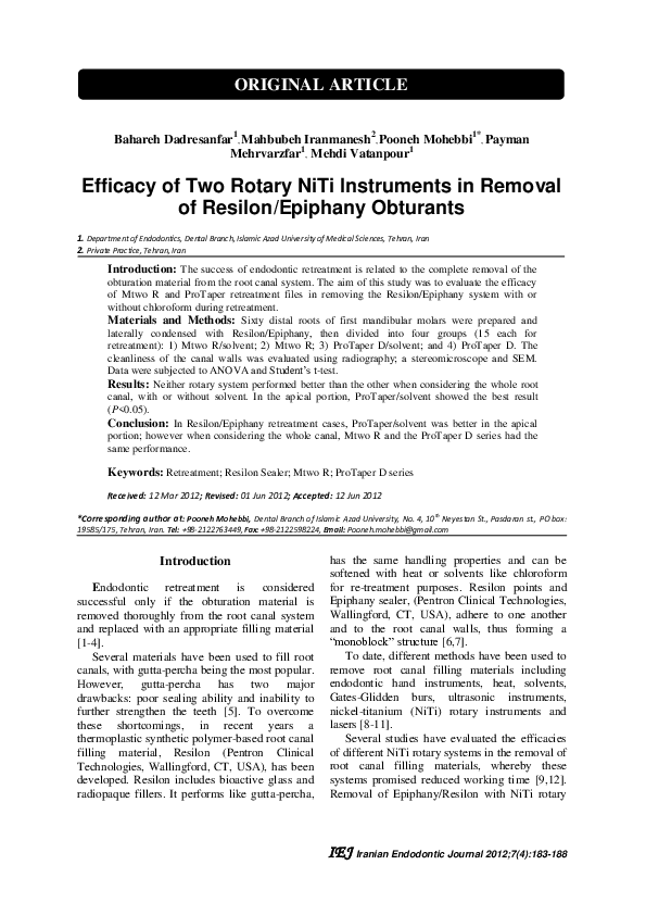 (PDF) Efficacy of Two Rotary NiTi Instruments in Removal of Resilon ...