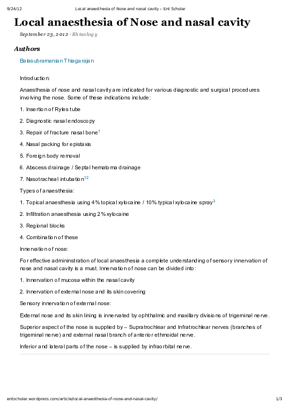 (PDF) Local anaesthesia of Nose and nasal cavity