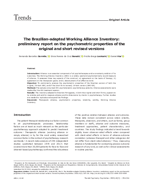 (PDF) The Brazilian-adapted Working Alliance Inventory: preliminary ...
