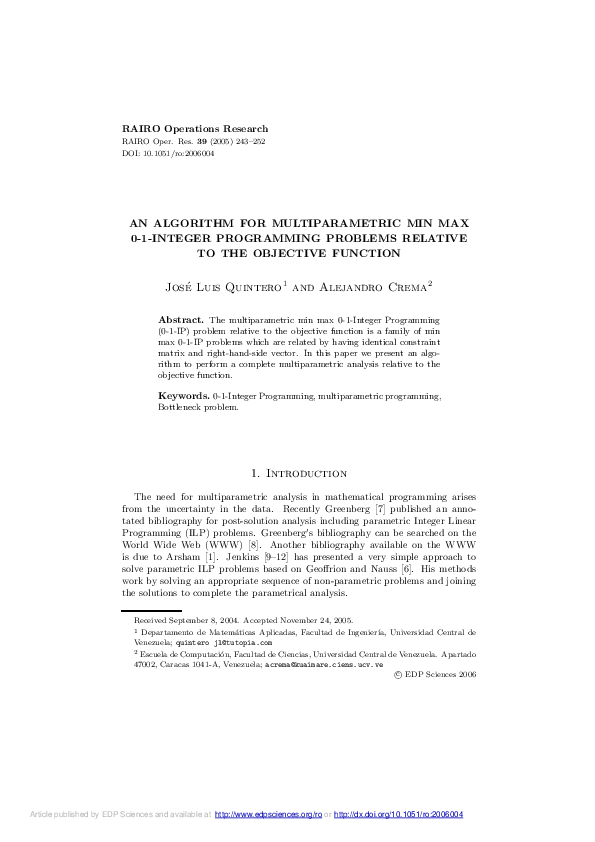 (PDF) An algorithm for multiparametric min max 0-1-integer programming problems relative to the ...